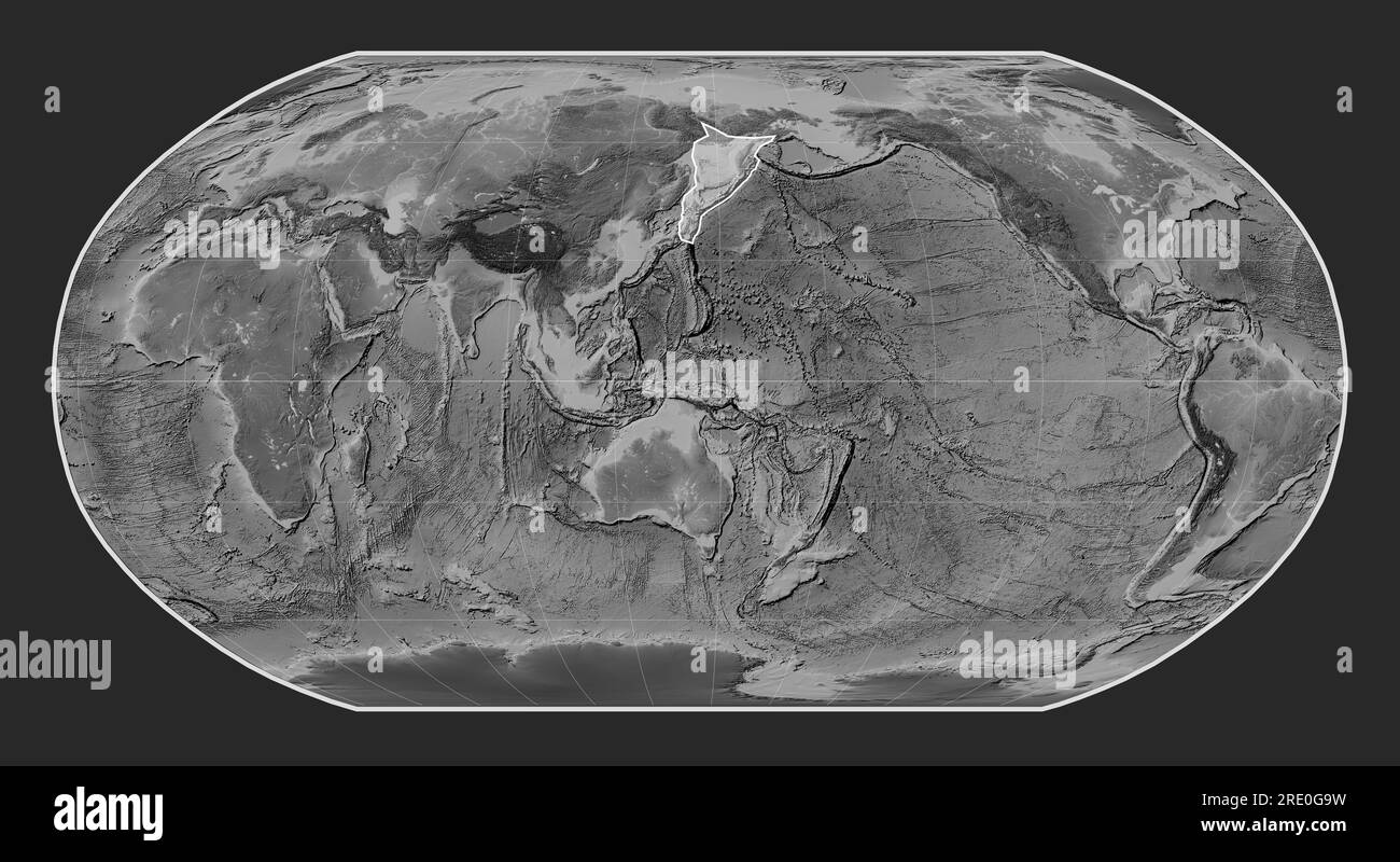 Okhotsk Tectonic Plate On The Grayscale Elevation Map In The Robinson Projection Centered