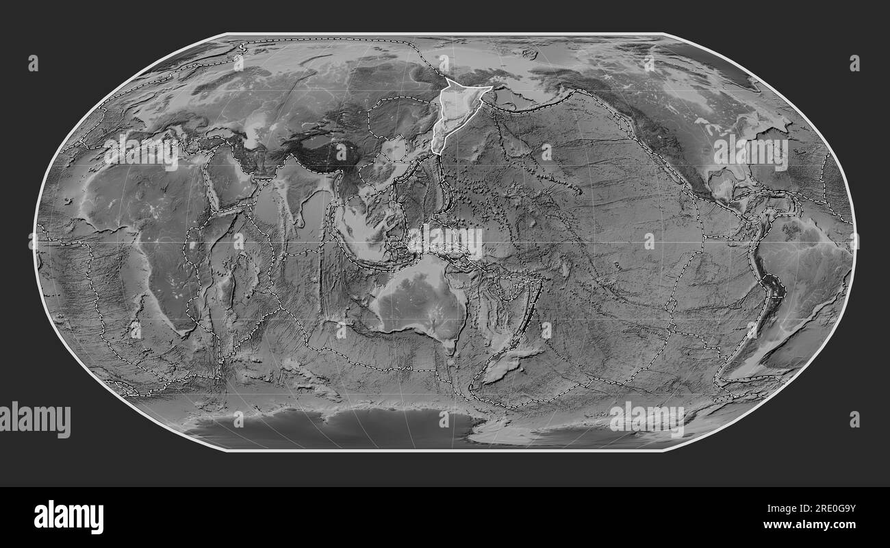 Okhotsk Tectonic Plate On The Grayscale Elevation Map In The Robinson Projection Centered