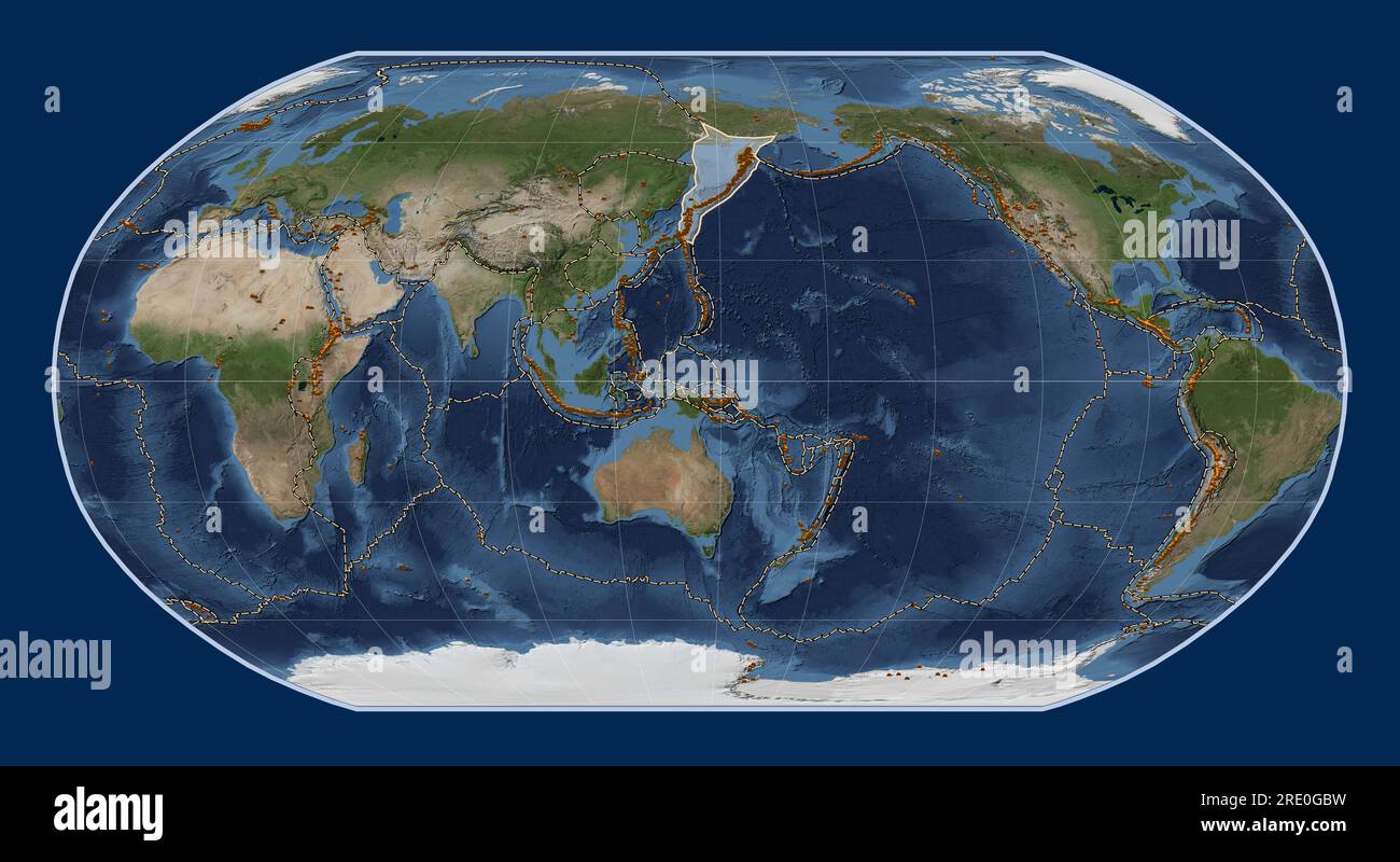 Okhotsk tectonic plate on the Blue Marble satellite map in the Robinson ...
