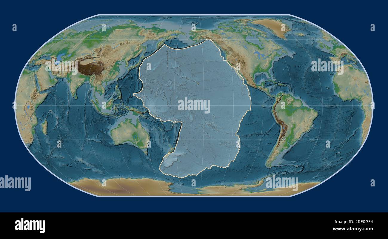 Pacific tectonic plate on the physical elevation map in the Robinson ...