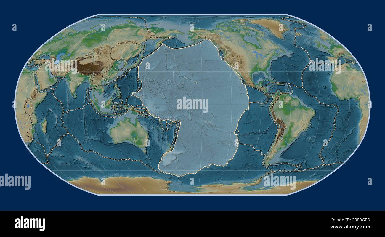Pacific tectonic plate on the physical elevation map in the Robinson ...