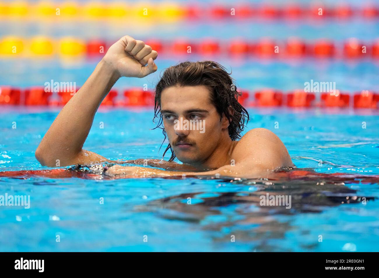 Thomas Ceccon of Italy reacts after competing in the the men's 50m butterfly final at the World ...