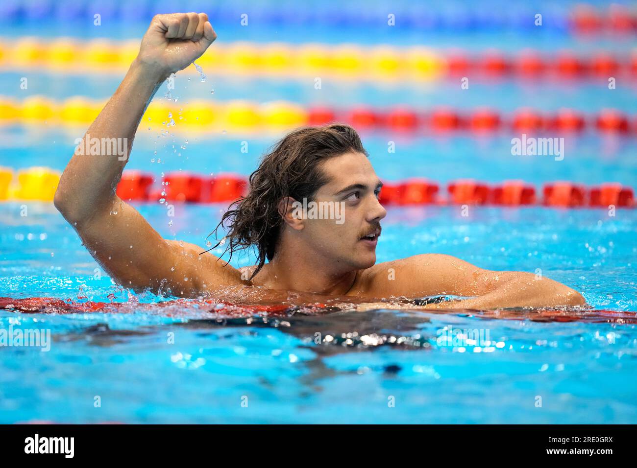 Thomas Ceccon of Italy reacts after winning the men's 50m butterfly final at the World Swimming ...