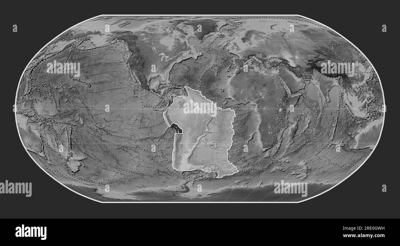 South American tectonic plate on the grayscale elevation map in the ...