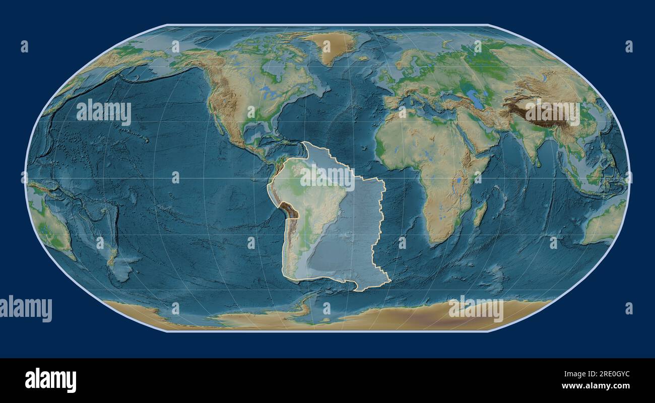 South American tectonic plate on the physical elevation map in the ...