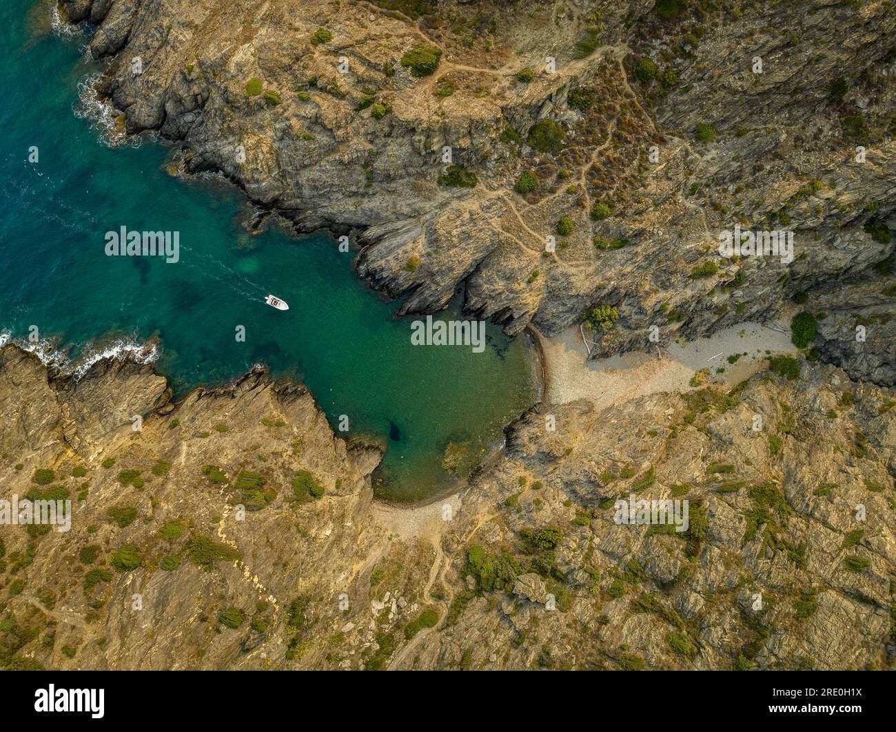 Aerial view of the Cala Fornells cove, north of the Cap de Creus cape ...