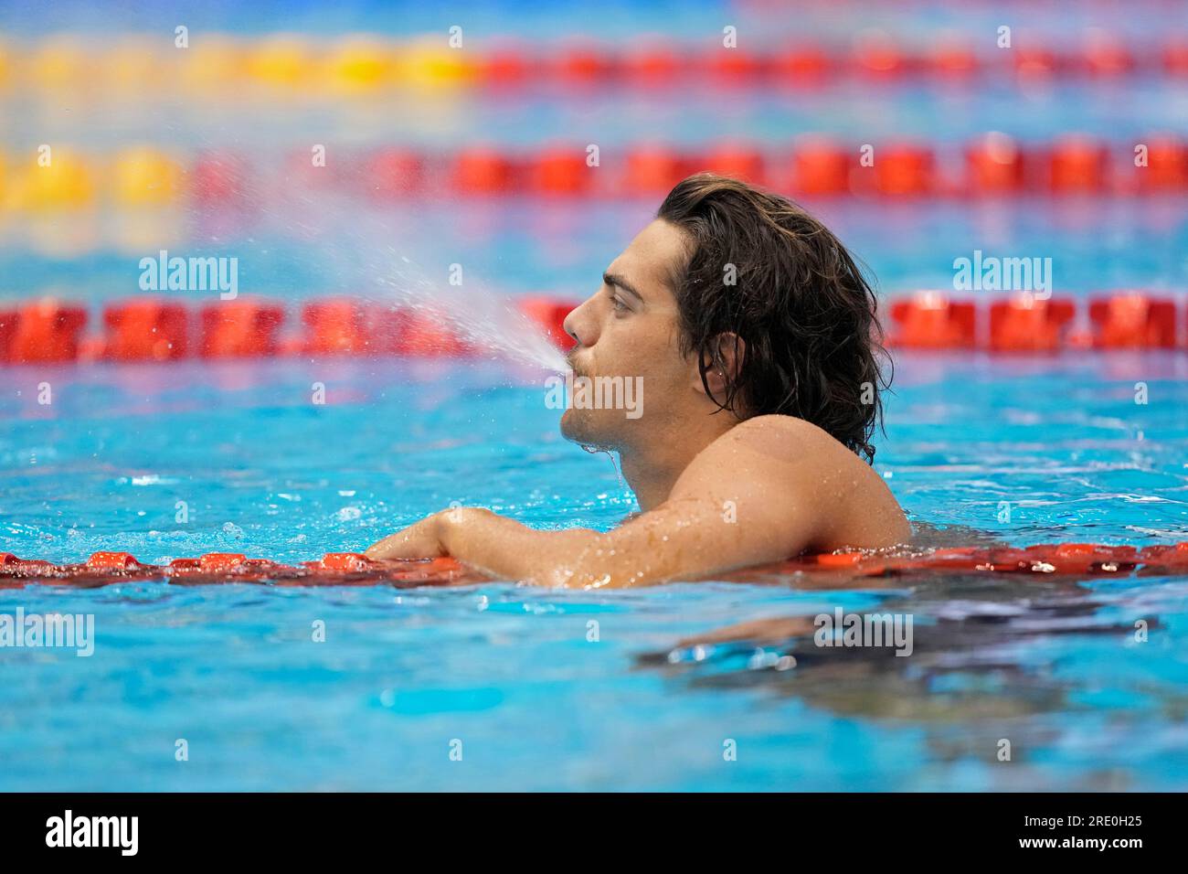 Thomas Ceccon of Italy reacts after winning the men's 50m butterfly final at the World Swimming ...
