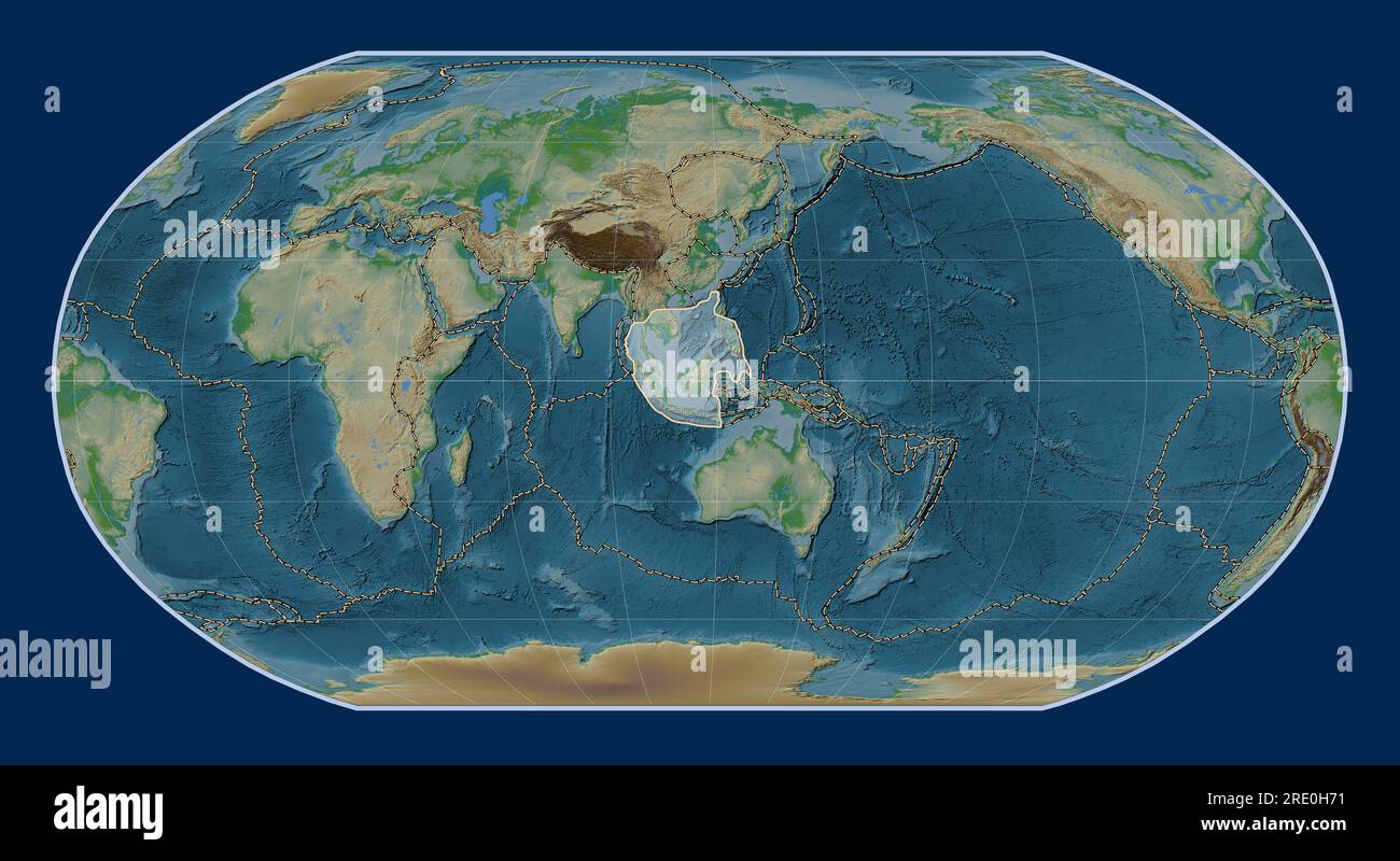 Sunda tectonic plate on the physical elevation map in the Robinson ...