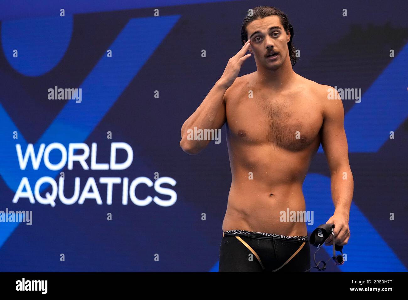 Thomas Ceccon of Italy leaves after winning the men's 50m butterfly final at the World Swimming ...