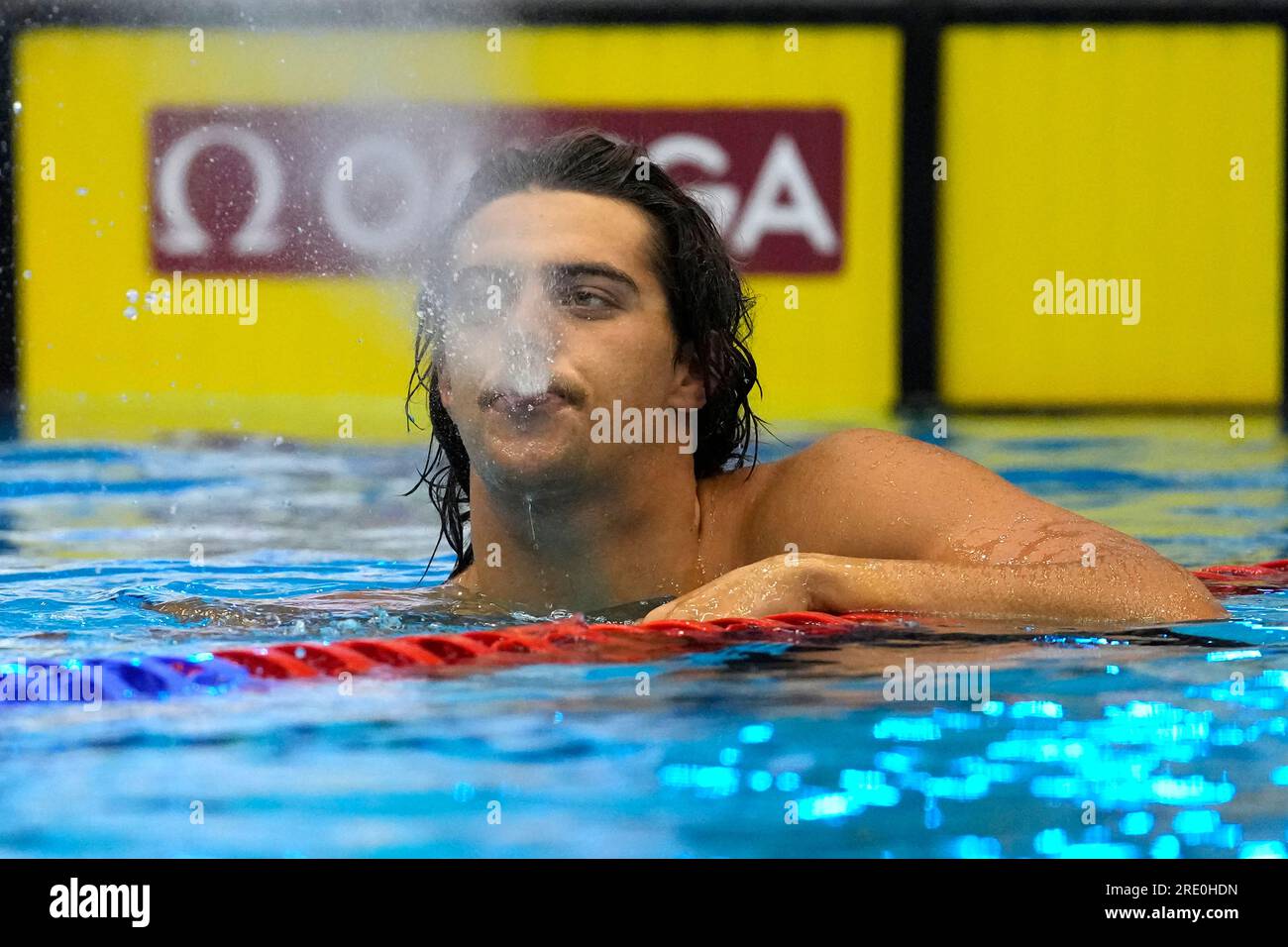 Thomas Ceccon of Italy reacts after winning the men's 50m butterfly final at the World Swimming ...