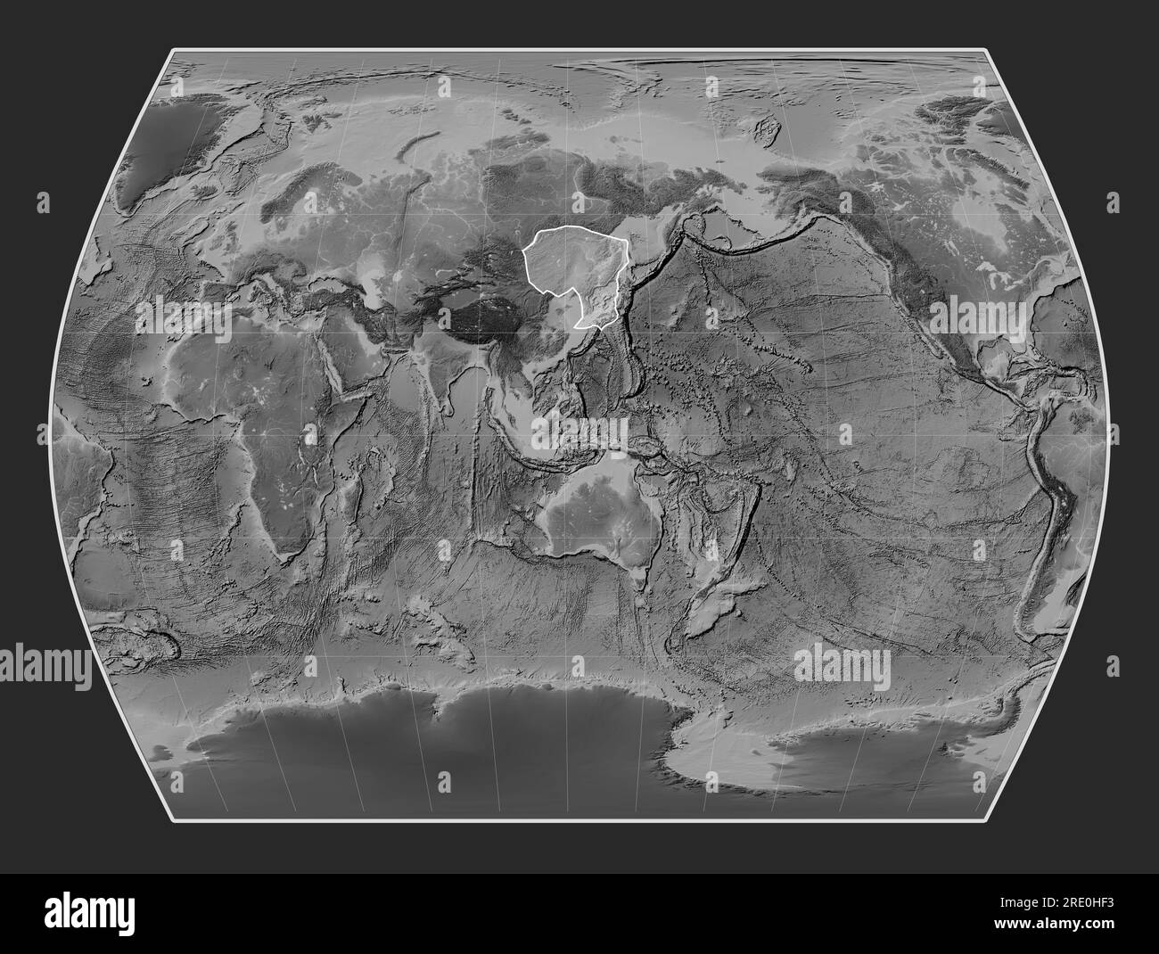 Amur Tectonic Plate On The Grayscale Elevation Map In The Times Projection Centered Meridionally