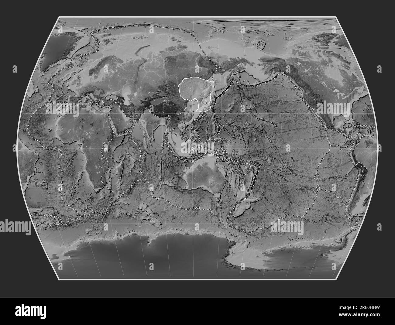 Amur Tectonic Plate On The Grayscale Elevation Map In The Times Projection Centered Meridionally