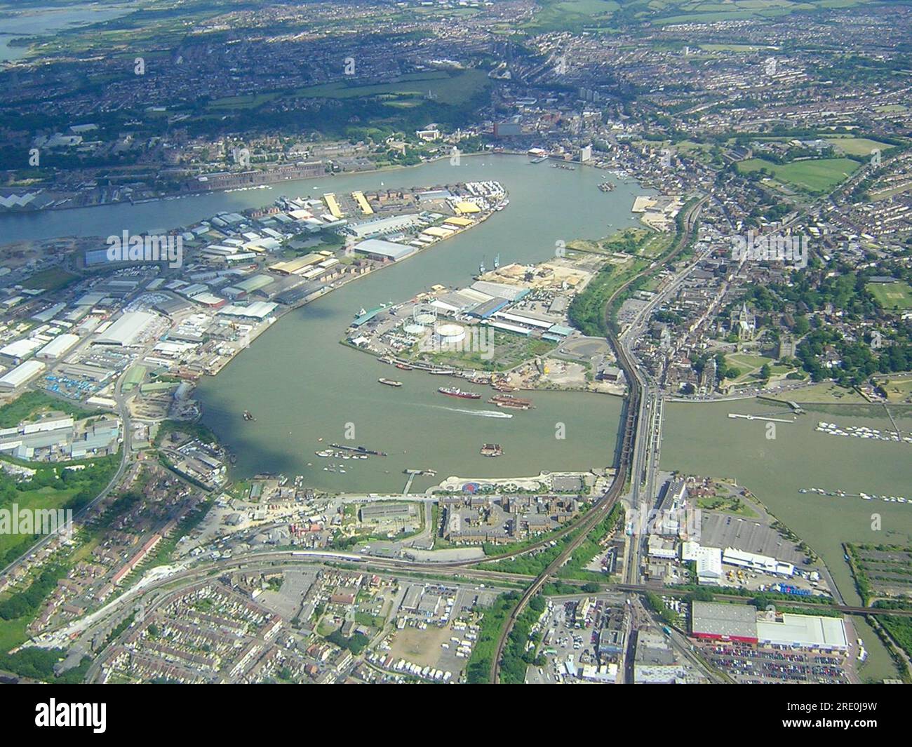Aerial view looking down on the River Medway at Rochester and Chatham ...