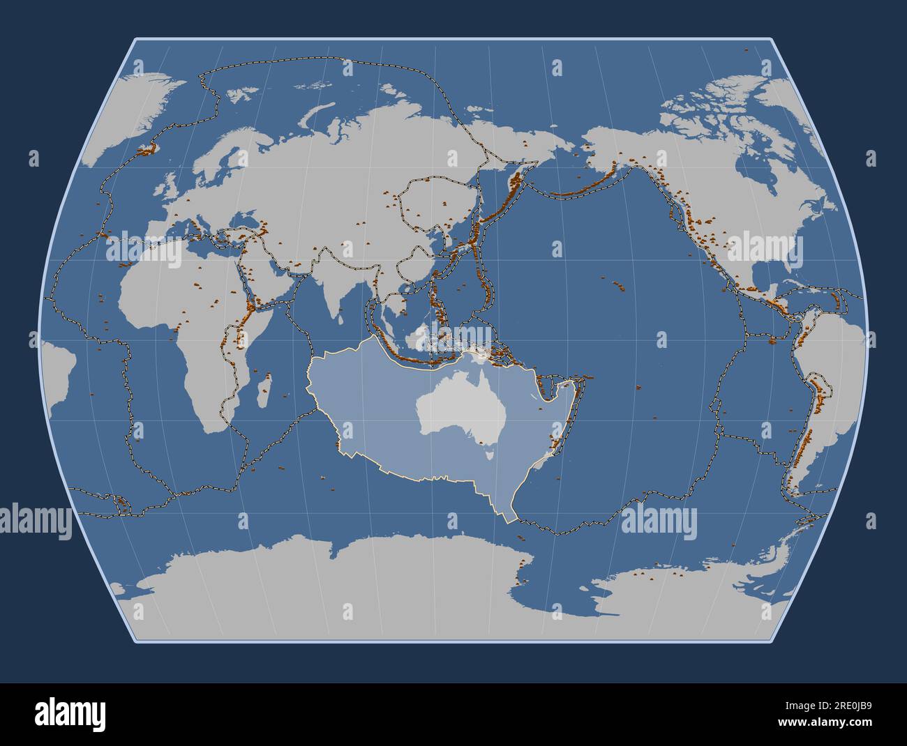 Australian Tectonic Plate On The Solid Contour Map In The Times Projection Centered Meridionally
