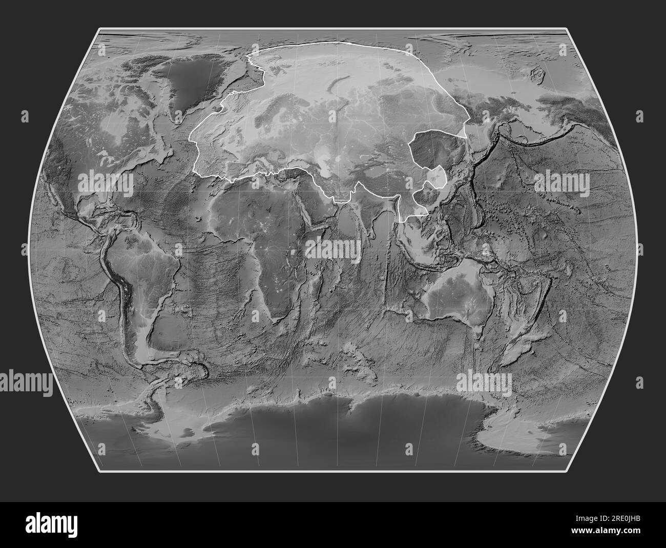 Eurasian tectonic plate on the grayscale elevation map in the Times projection centered ...