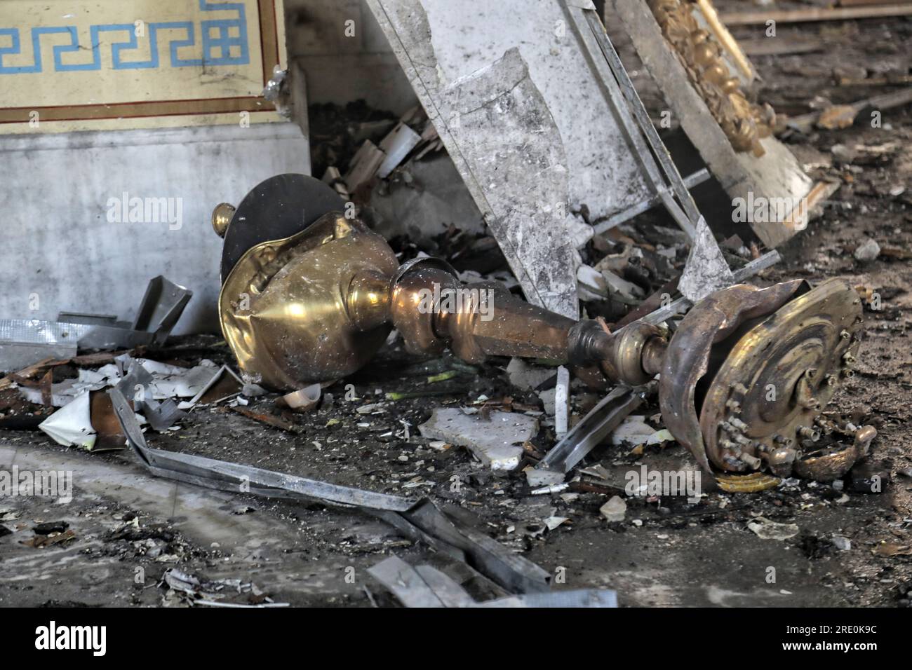 ODESA, UKRAINE - JULY 23, 2023 - A candlestand lies on the floor inside ...