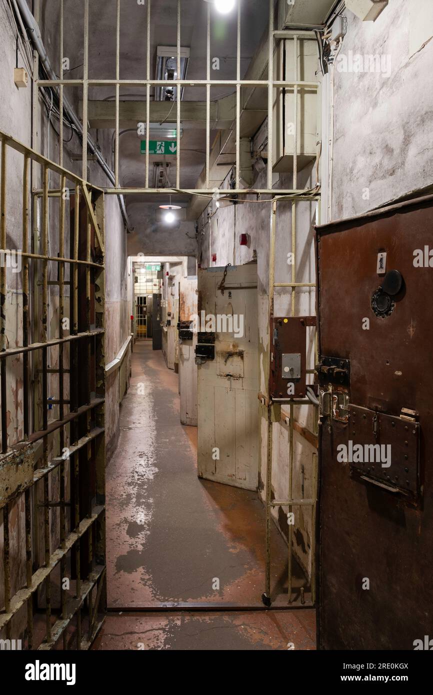 KGB Museum interior in The Corner House in Riga. A corridor with heavy ...