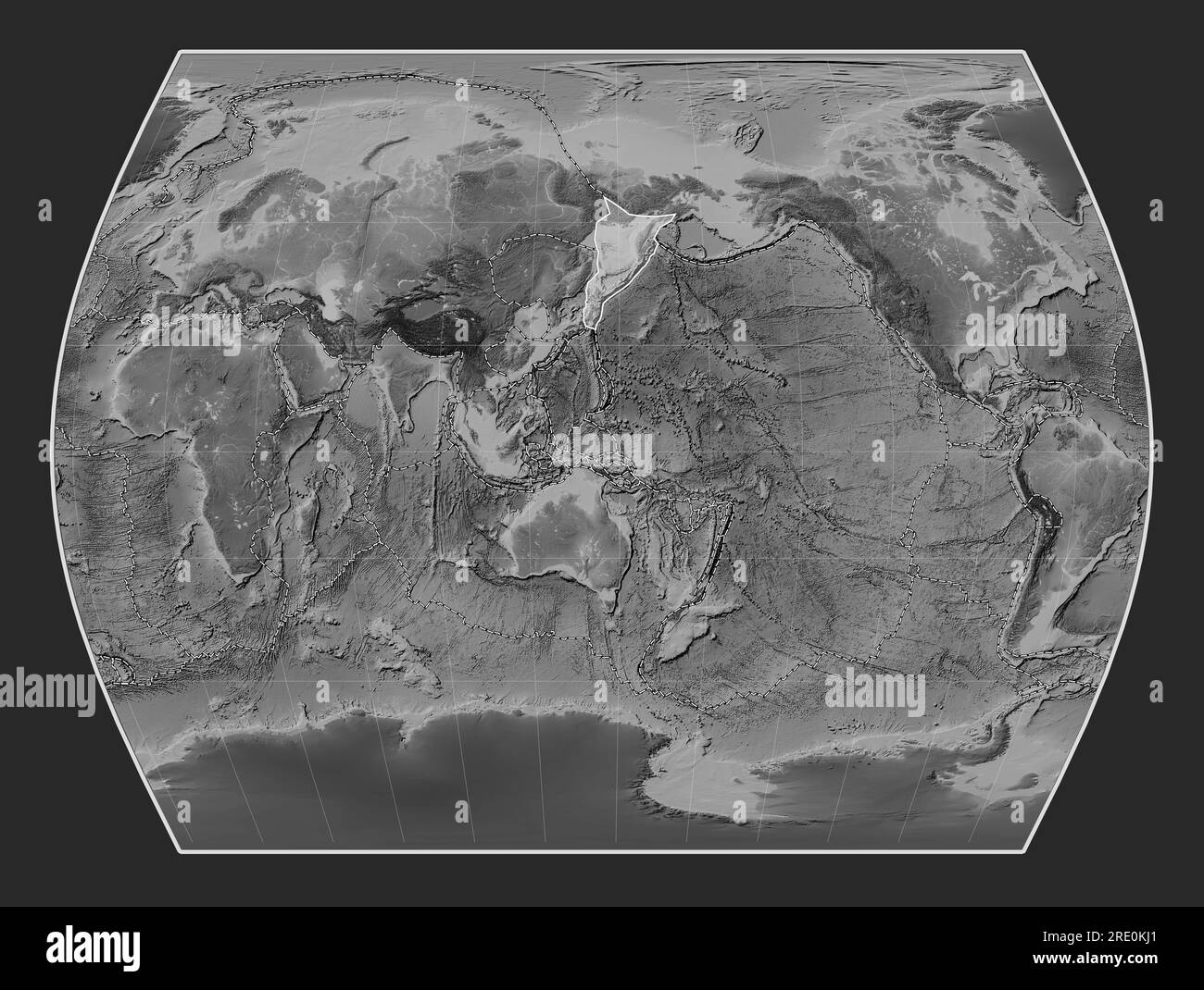 Okhotsk Tectonic Plate On The Grayscale Elevation Map In The Times Projection Centered