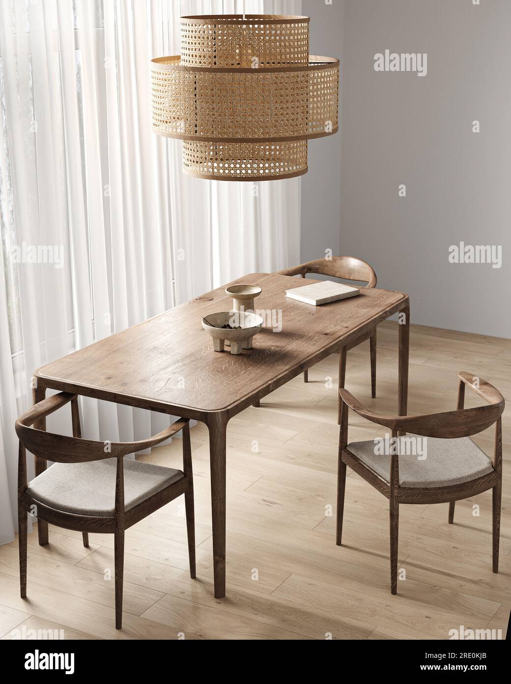 Wooden beige diningroom interior with dining table, lamp and chairs ...