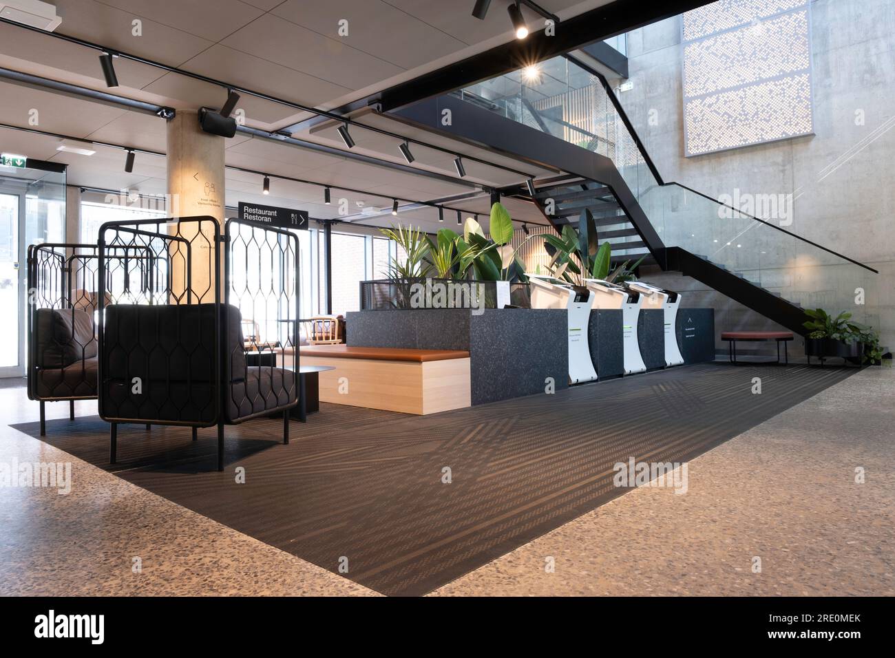 Lobby of the Citybox hotel in Tallinn with computers on the right for ...