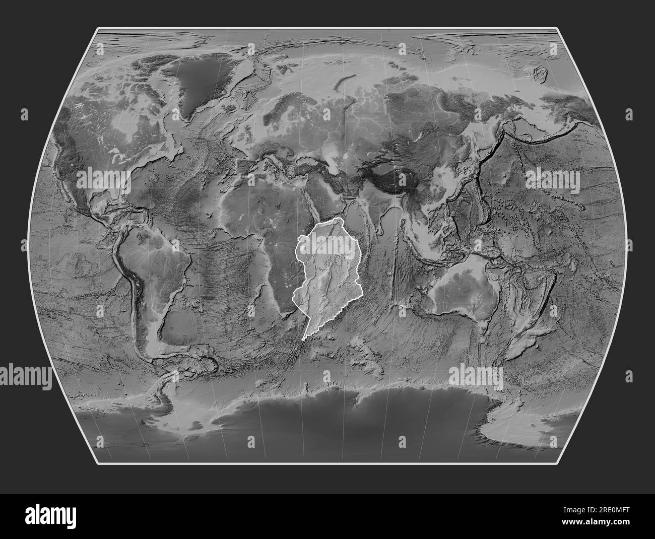 Somalian tectonic plate on the grayscale elevation map in the Times projection centered ...