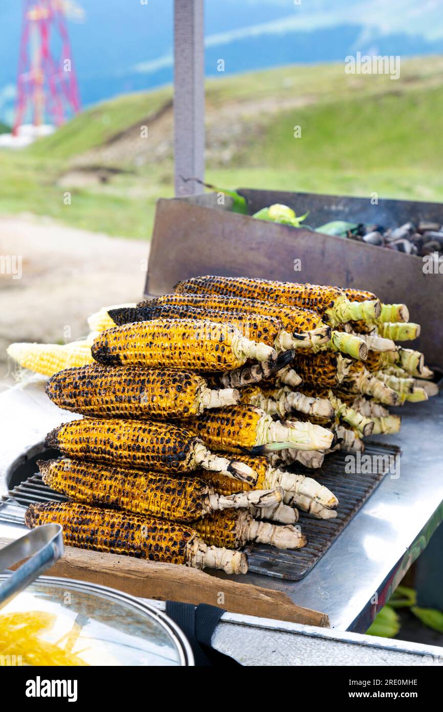 Romanian street food stall with chargrilled corn on the cop (porumb ...