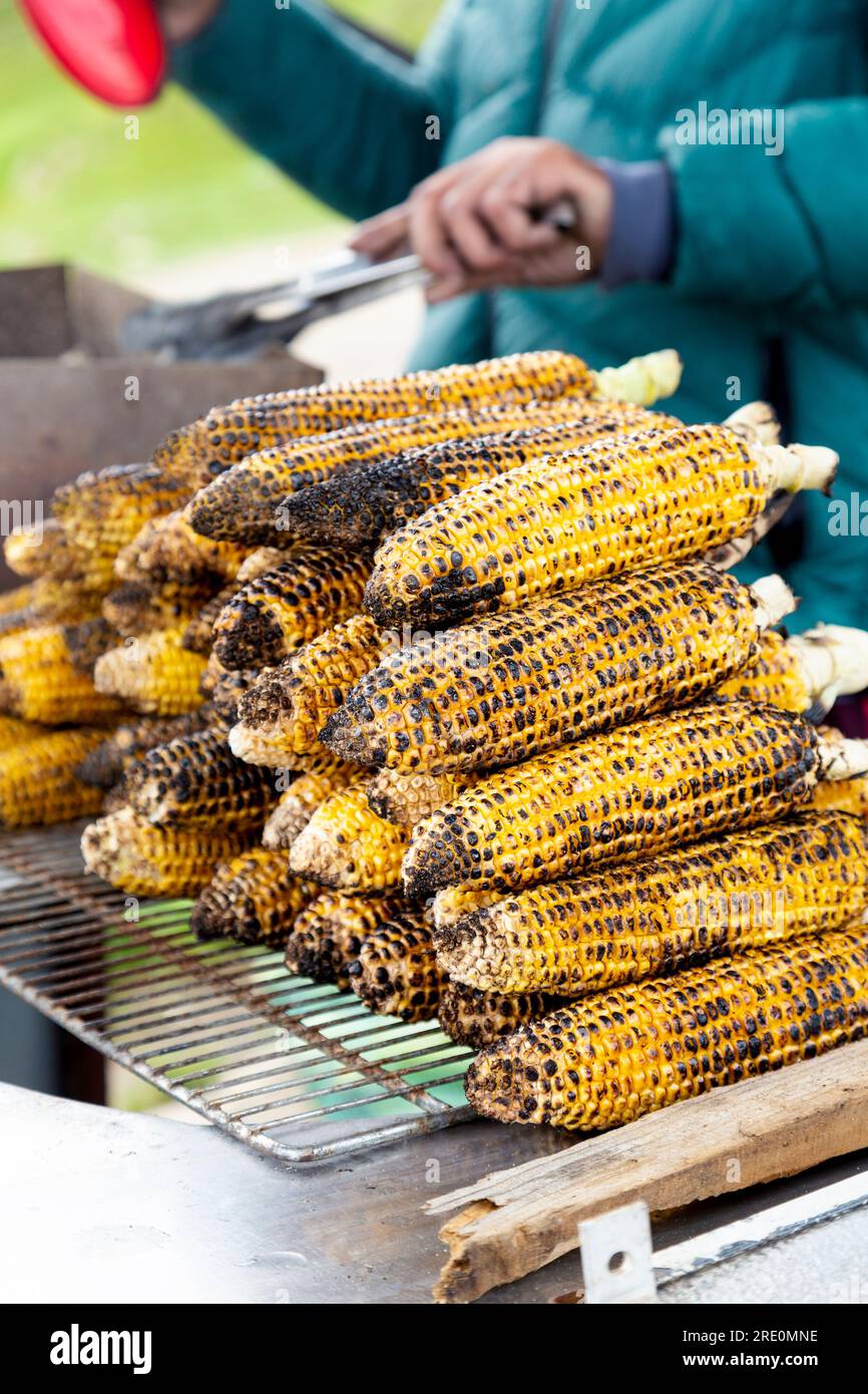 Romanian street food stall with chargrilled corn on the cop (porumb ...