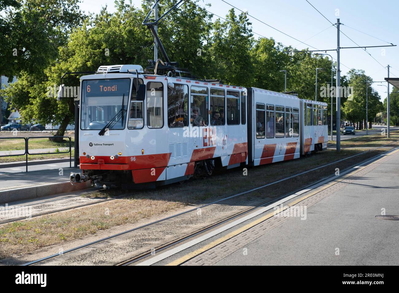 Electric tram of Tallina Transport viewed obliquely from the side ...