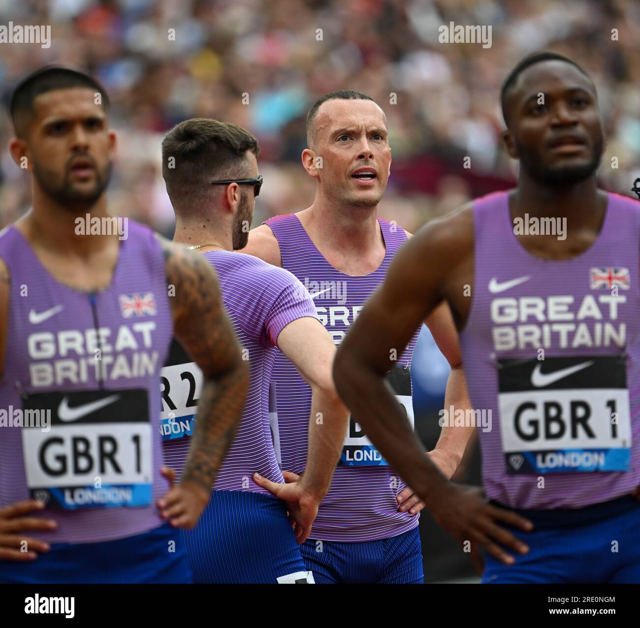 London, England. 23 July, 2023. Richard Kilty (centre) of Great Britain ...