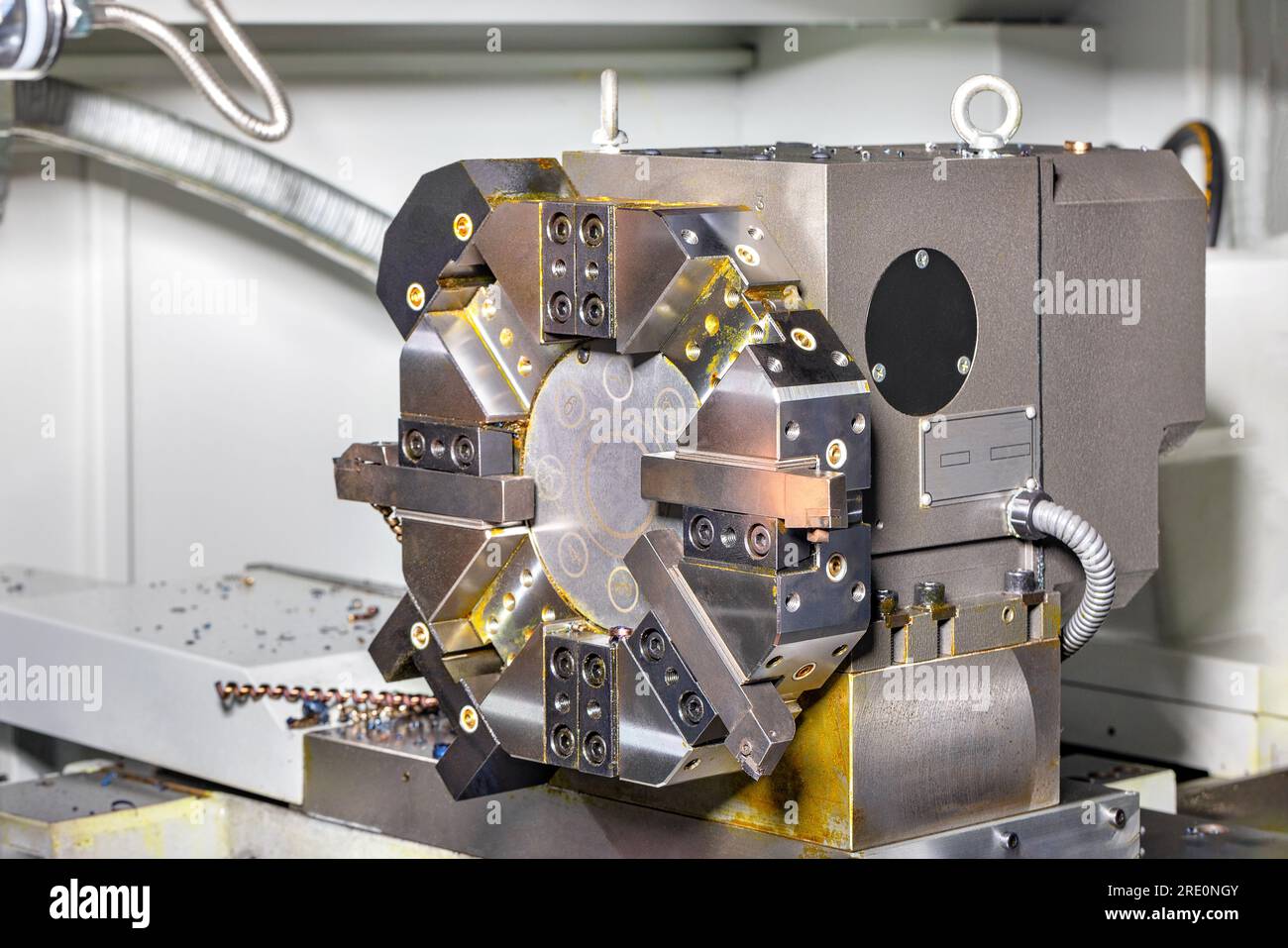 Industrial equipment, six-position turret head from a CNC lathe machine ...