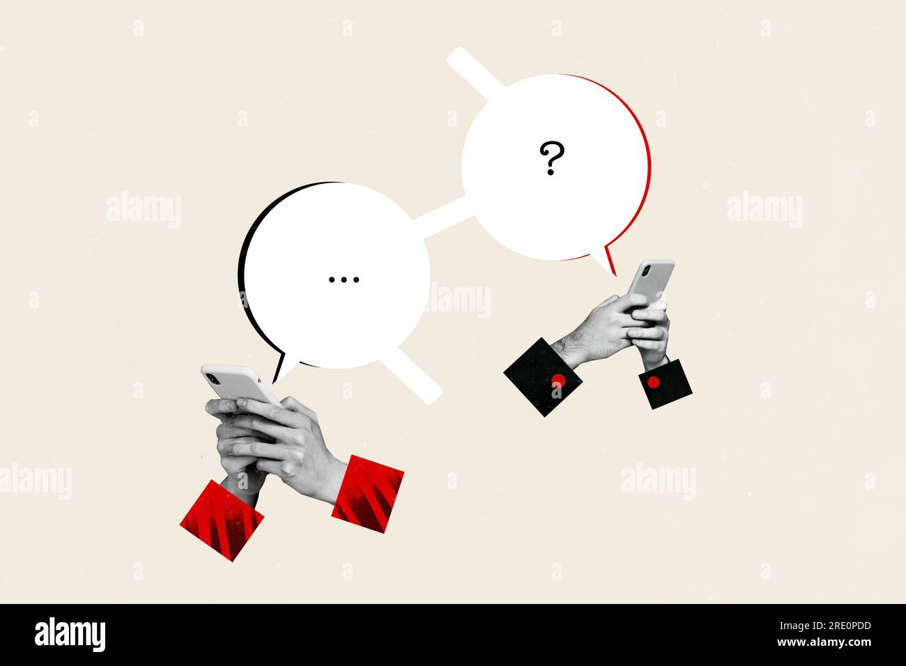 Creative collage of two smartphones hands holding gadget users chatting ...