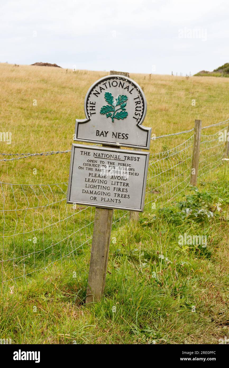 A national trust sign at Bay Ness on part of the Cleveland Way near ...