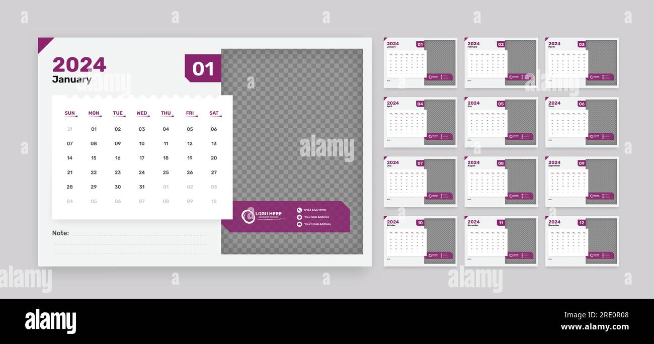 Simple 12 month calendar of 2024 with image placeholder and note space ...