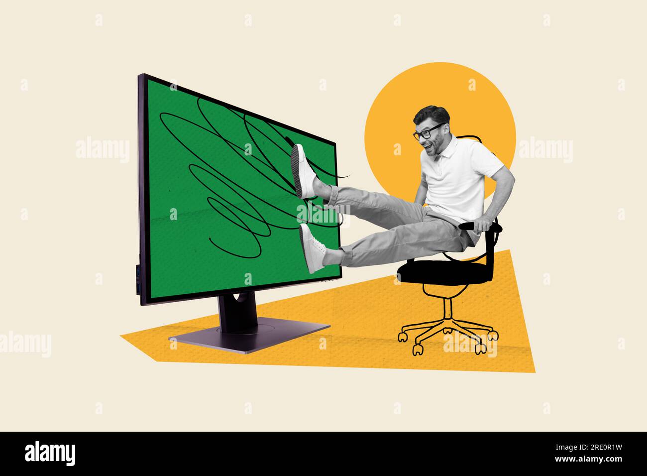 Composite abstract photo collage of positive man sit in armchair look ...