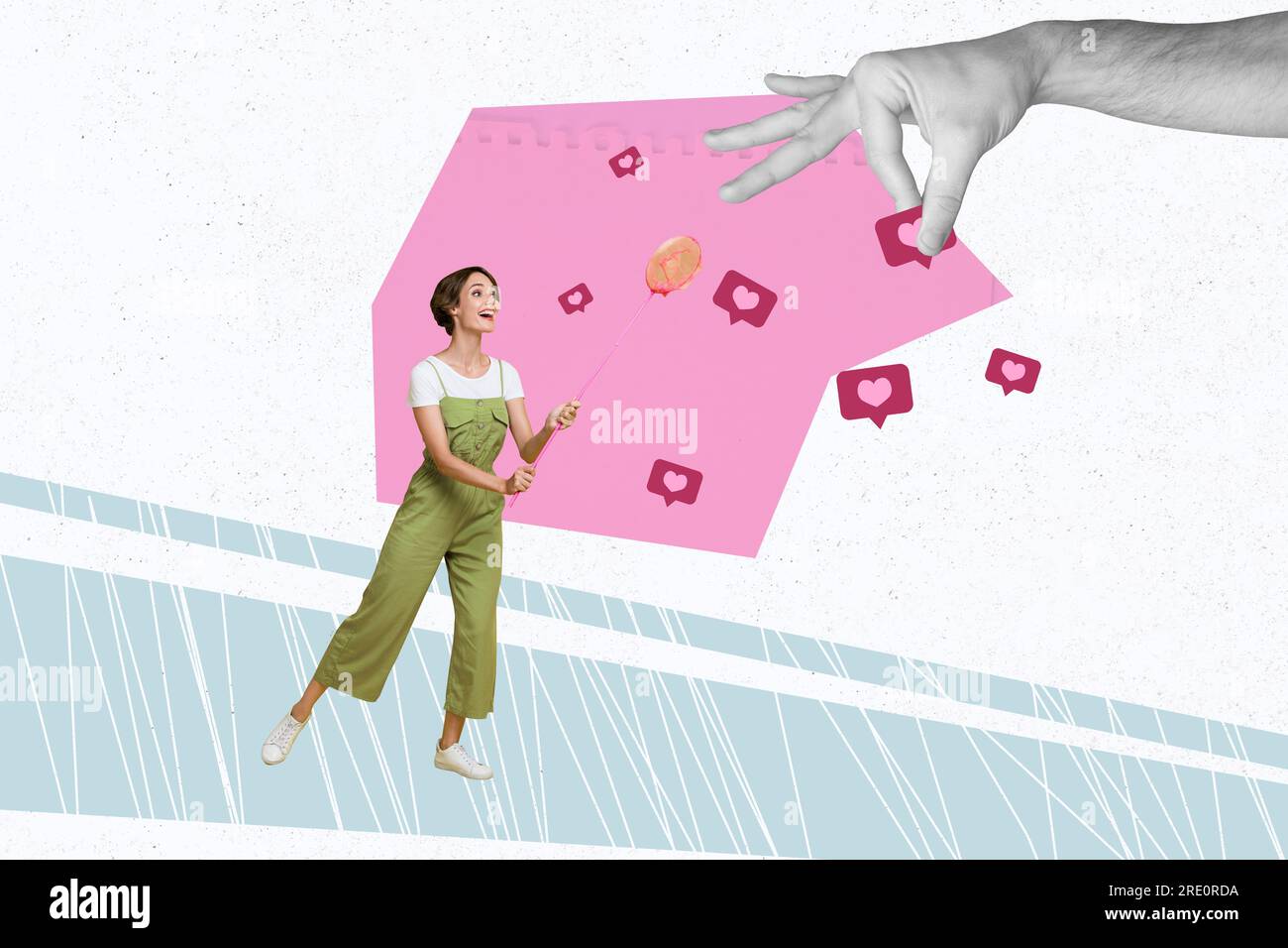 Collage illustration of young funny girl playful holding butterfly net ...