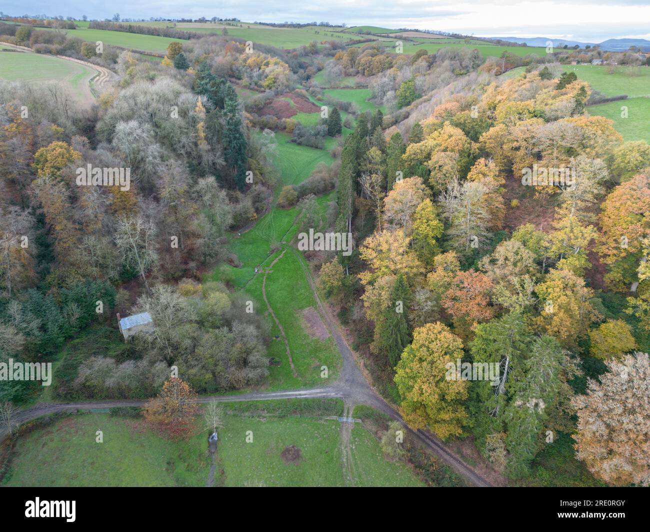 Aerial views of farmland and farm machinery in the Clun Valley ...