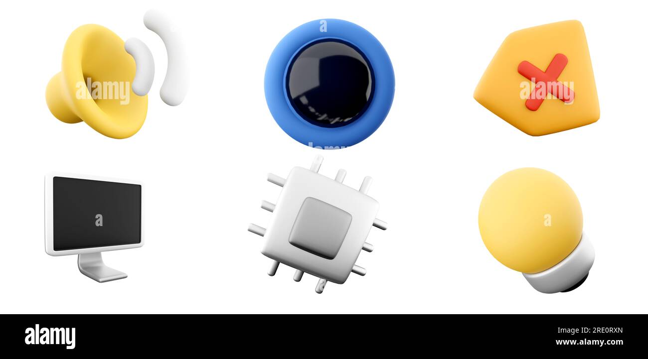 3d rendering Sparkling start button, computer monitor, microchip, Bookmark cancel, sound, light ...