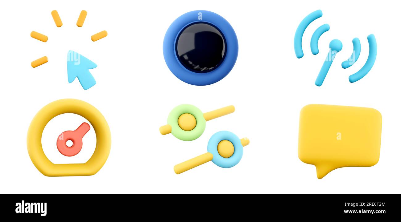 3d rendering Sparkling start button, speedometer, message notification, cursor click, line ...