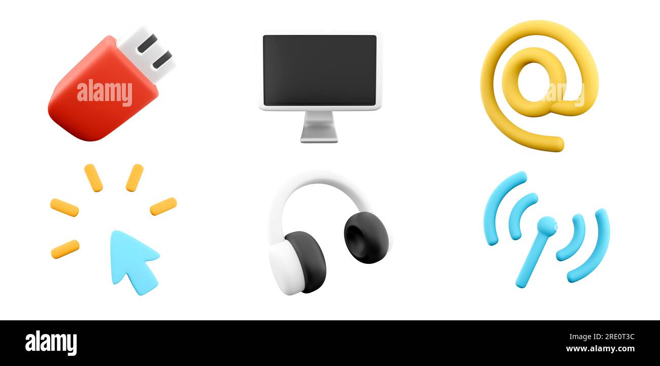 3d rendering usb flash drive, computer monitor, mail, cursor click ...