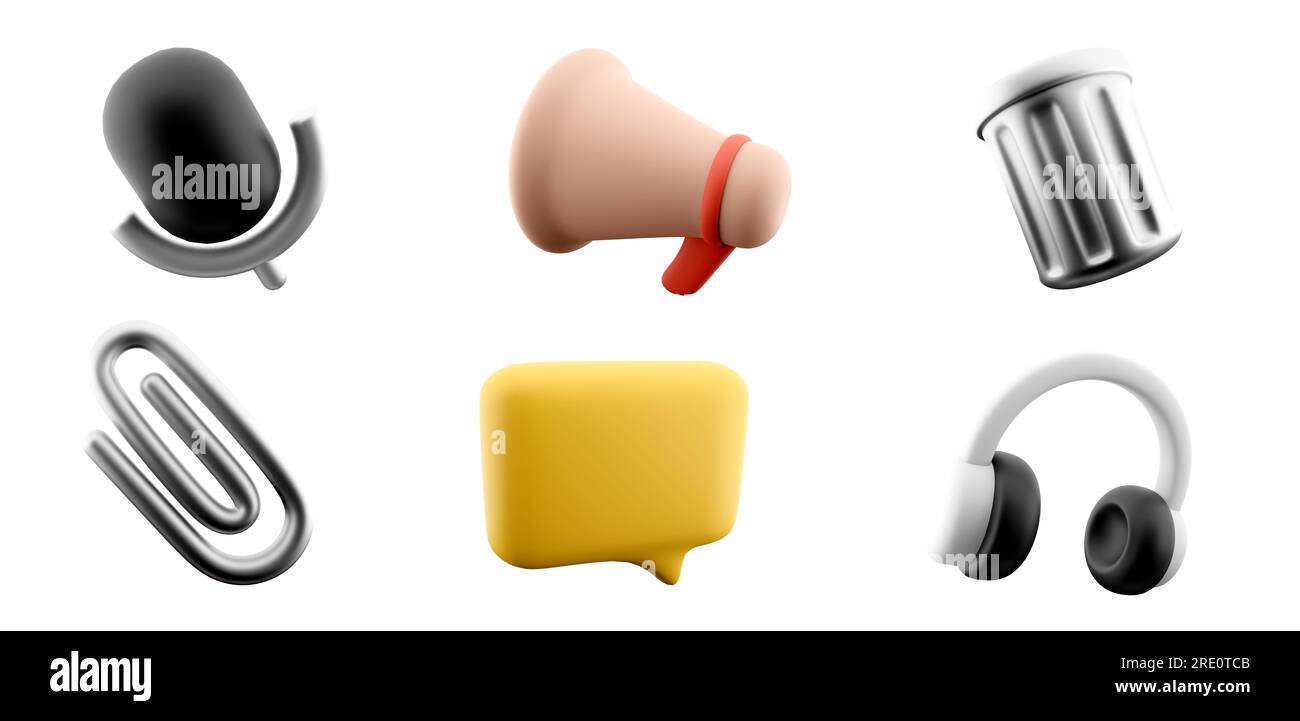 3d rendering message, trash can, microphone, headphones, paper clip ...