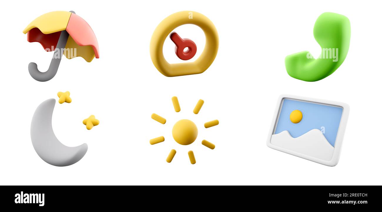 3d rendering Shining sun with rays, green home phone, speedometer ...