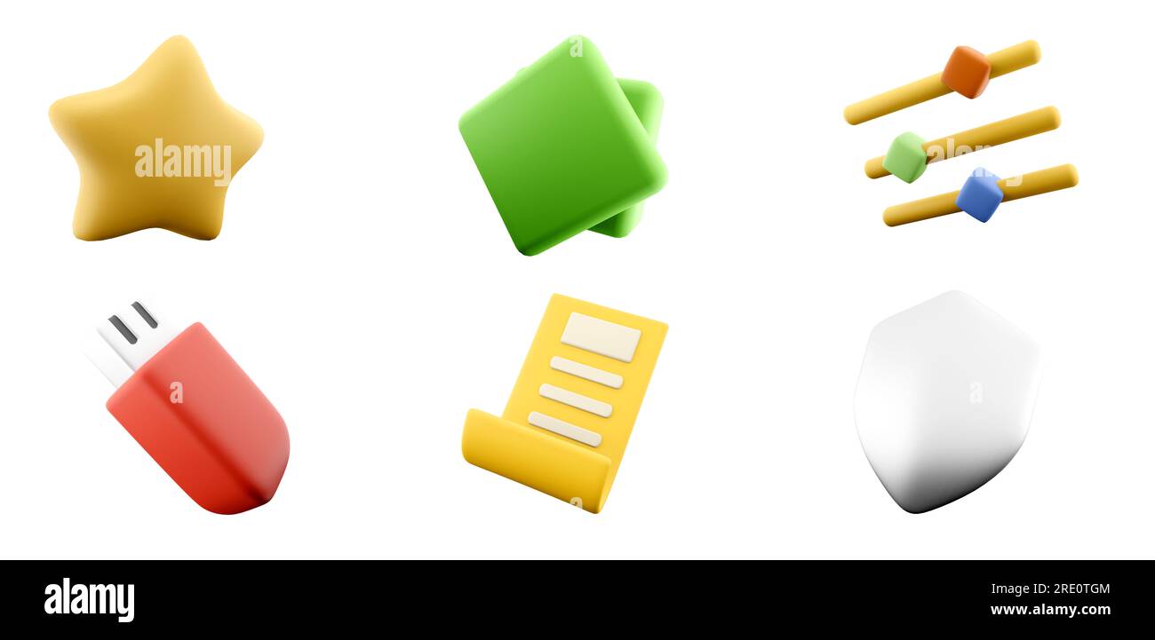 3d rendering yellow star, resize window app, line slider bar, usb flash ...