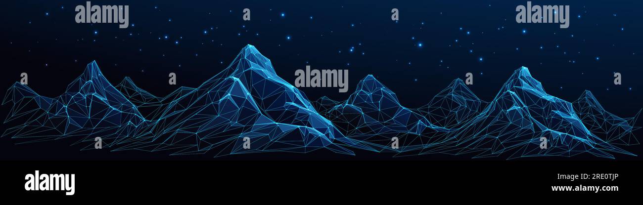 Abstract night Mountains digital landscape. Digital low poly wireframe ...