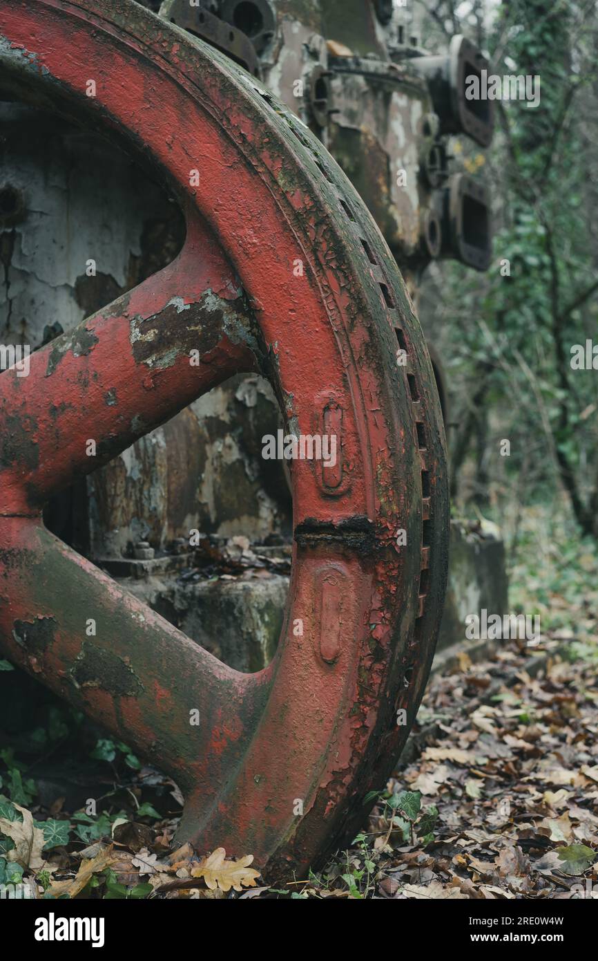 Detail of the red wheel of an old rusted air compressor in the forest ...