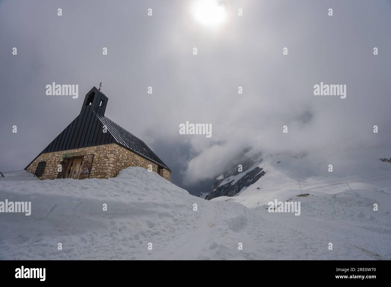 One of the tallest churches on the Zugspitze. The Zugspitze belongs to ...