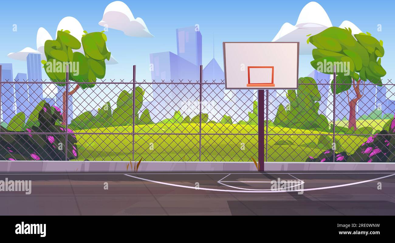 Sunny street basketball court cartoon background. School outdoor ...