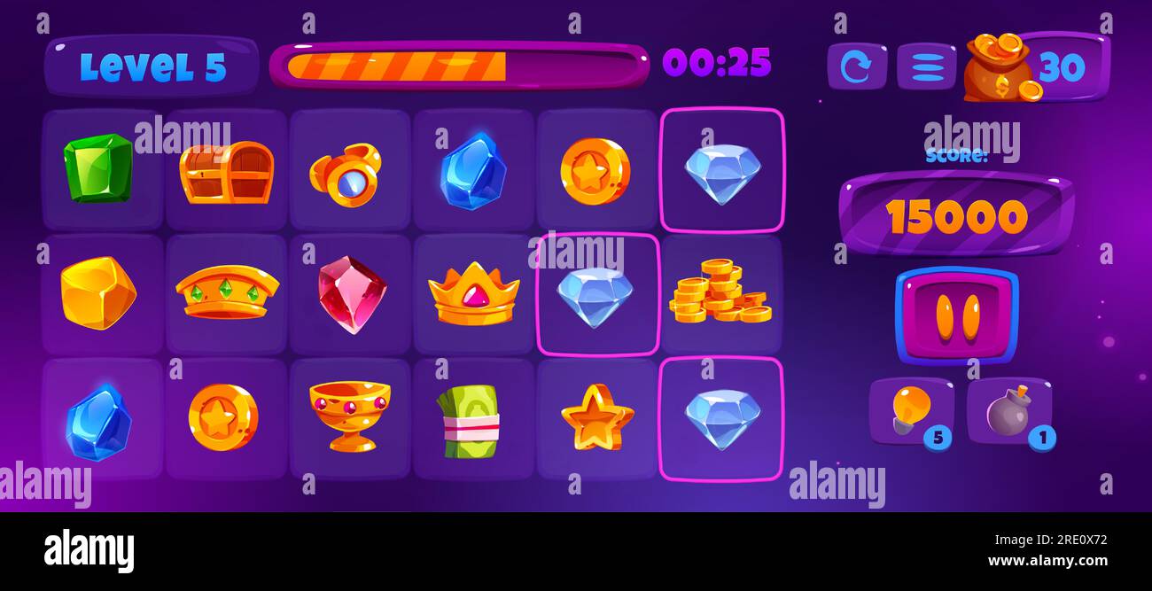 Three in line game ui template. Vector cartoon illustration of gui ...