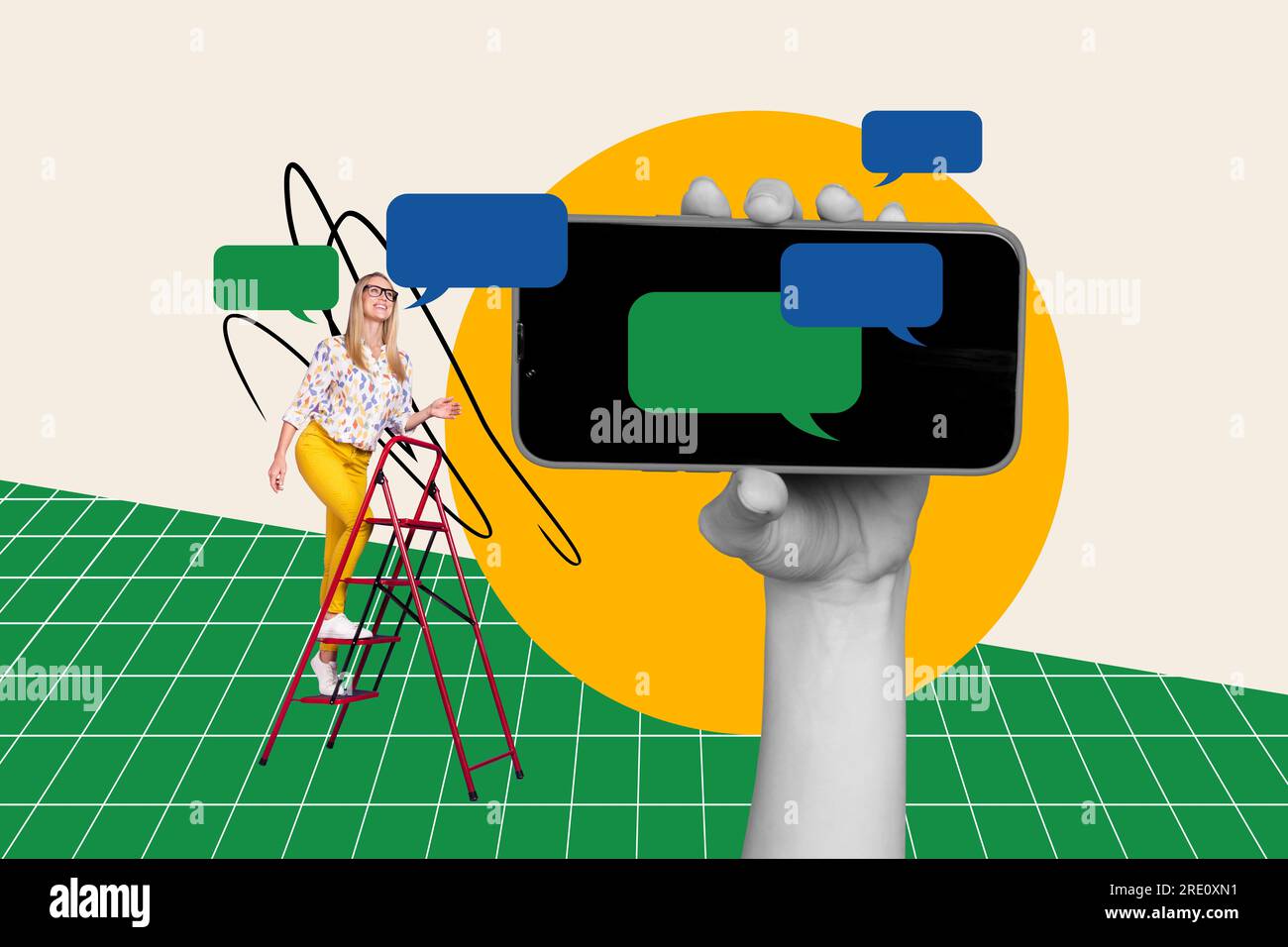Creative abstract template collage of hand hold screen display comic ...