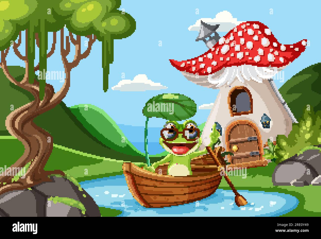 Cartoon Frog Rows Boat in Pond Scene illustration Stock Vector Image ...