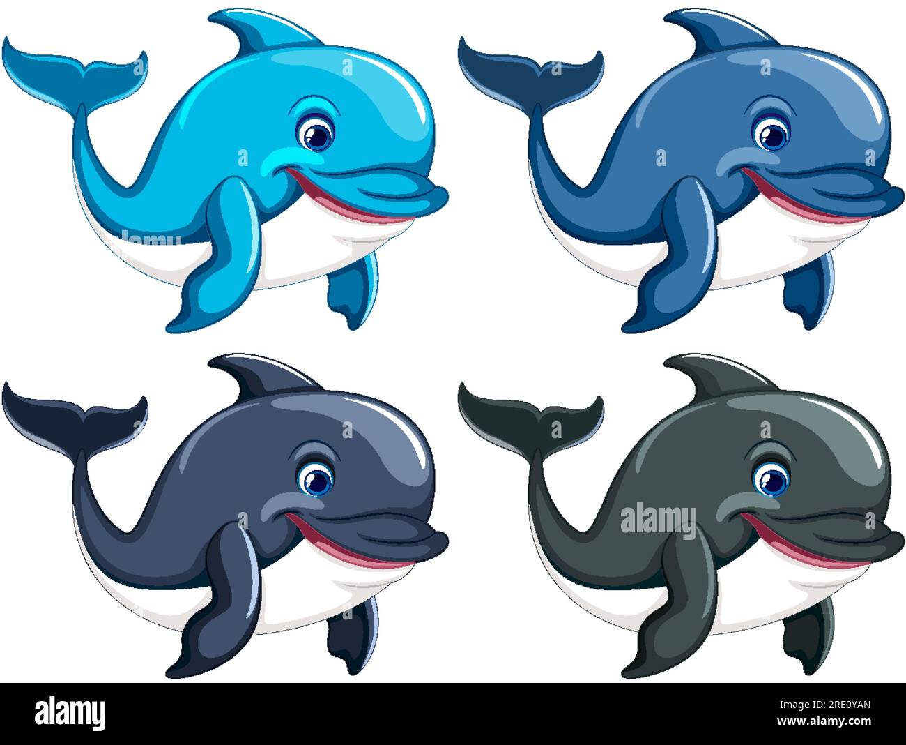 Four dolphins are swimming and smiling, isolated on a white background ...